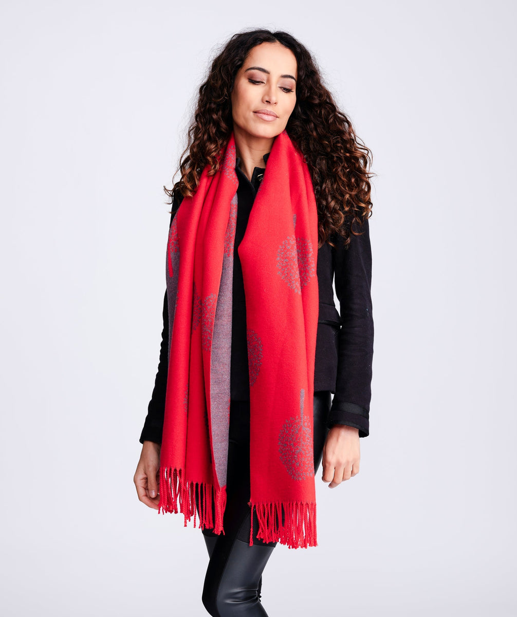 Larissa - Red Reversible Printed Scarf with Long Twisted Fringes – Pia ...